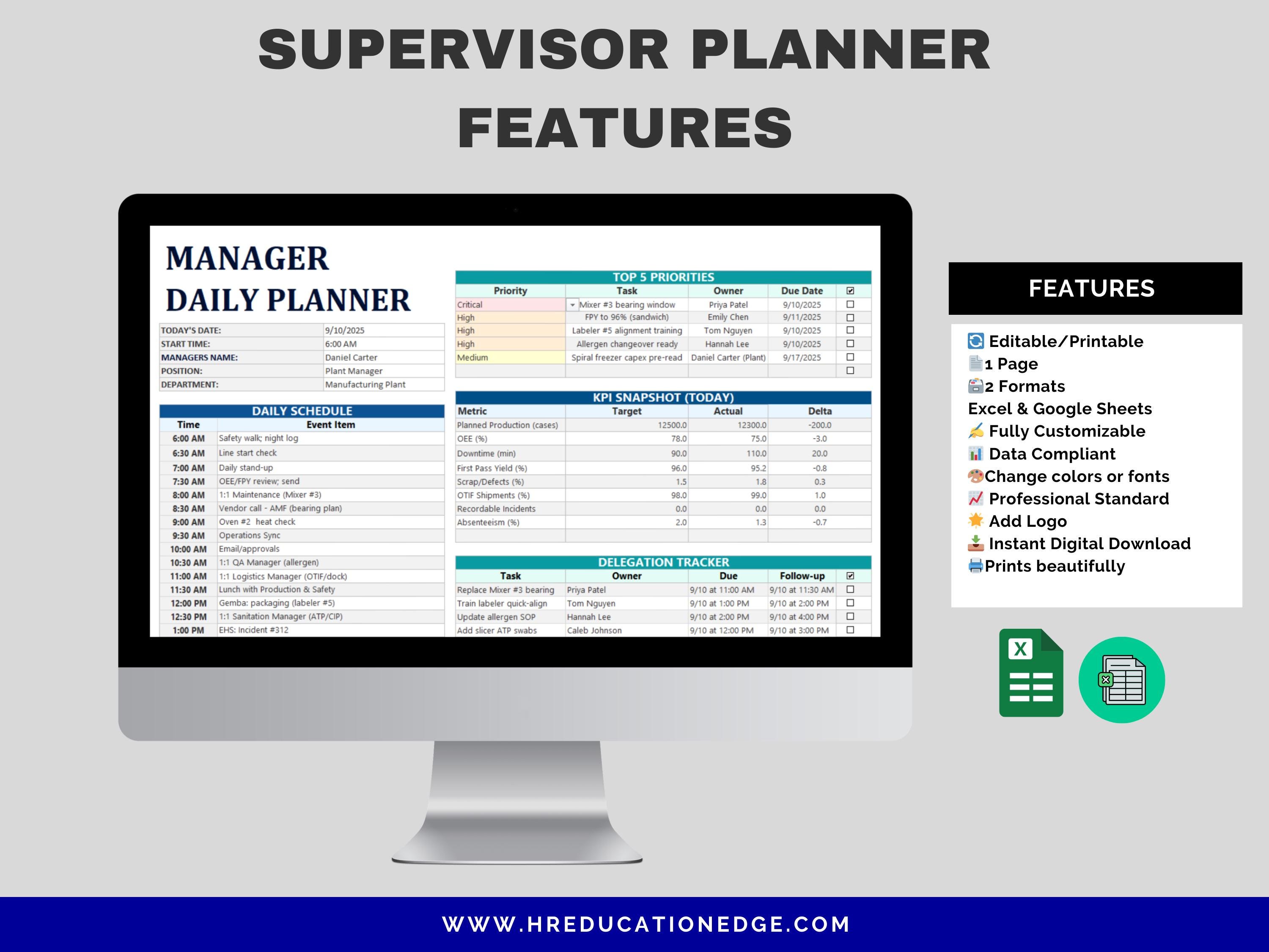 Supervisor Planner: Daily Schedule, Meeting & KPI Tracker (excel ...