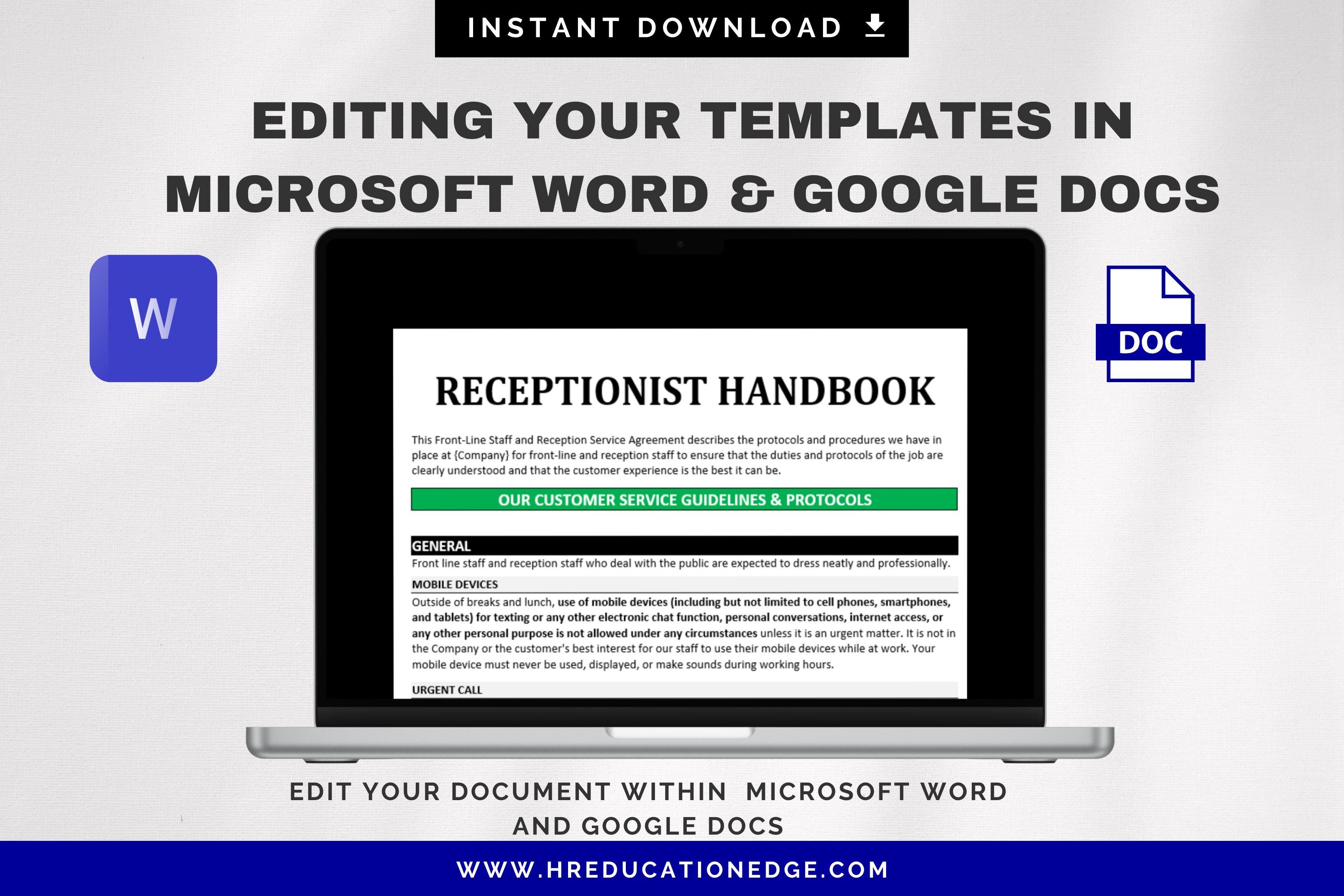 Receptionist Handbook Template: Front Desk Training Guide (word, Google ...