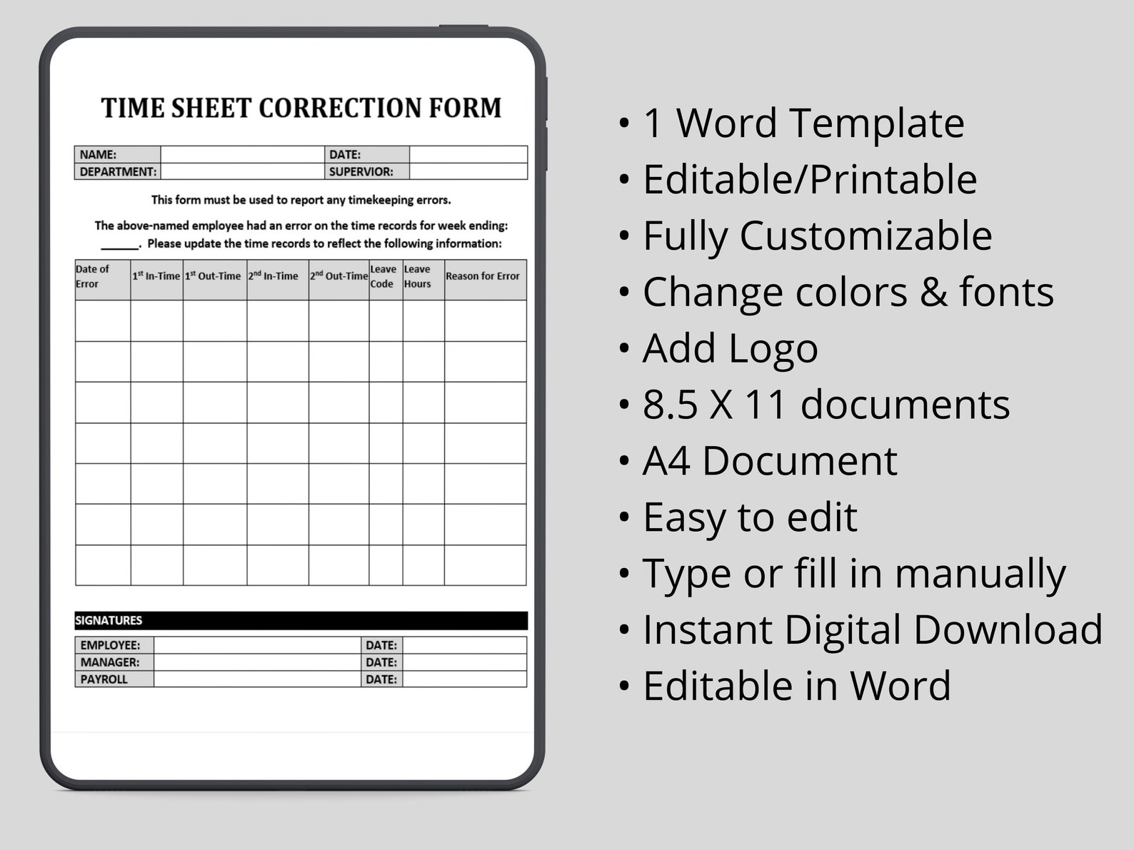 Employee Time Sheet Correction Form: Missed Punch, Time Adjustment ...