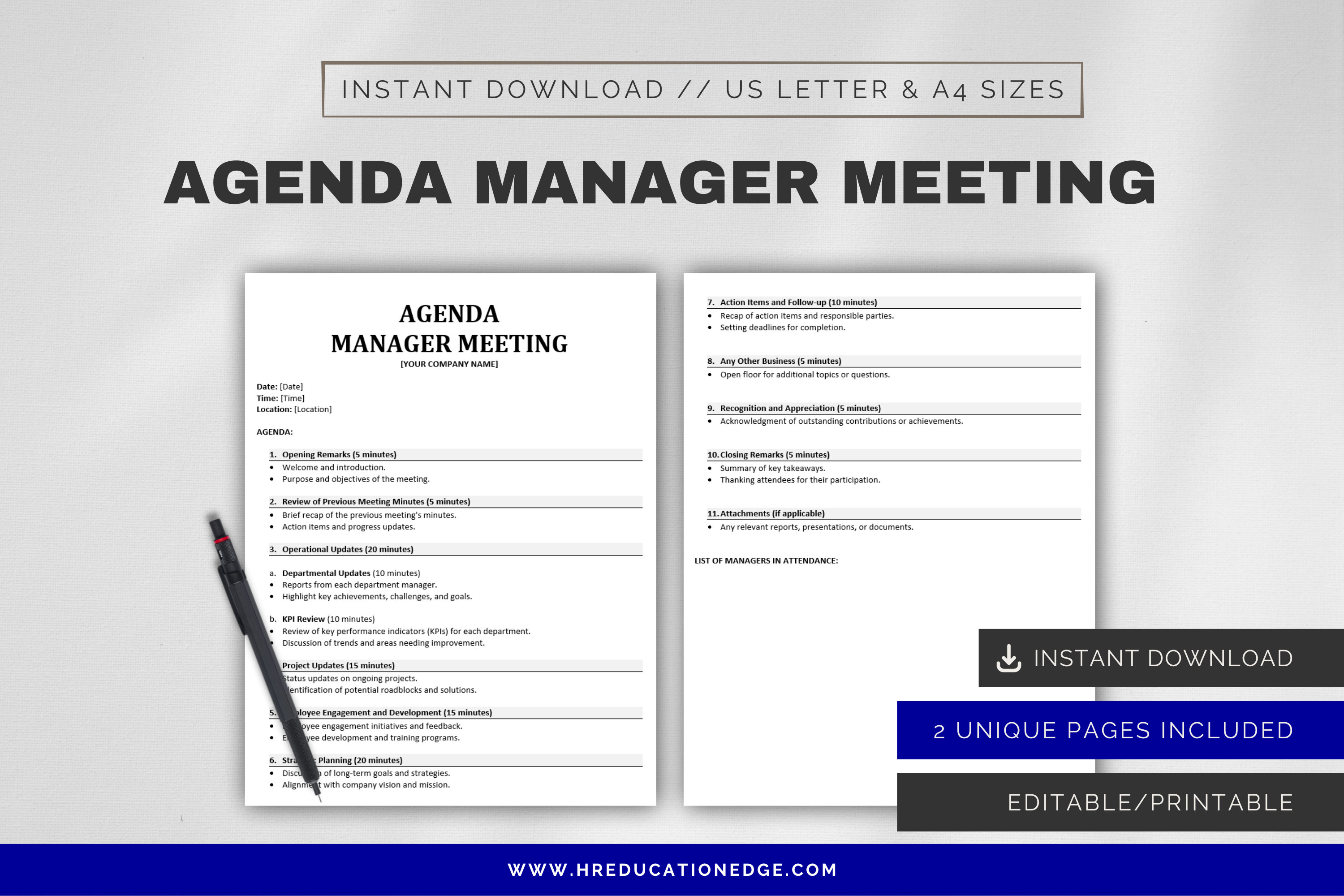 Manager Meeting Agenda Template: HR, Operations, KPI (editable Word ...