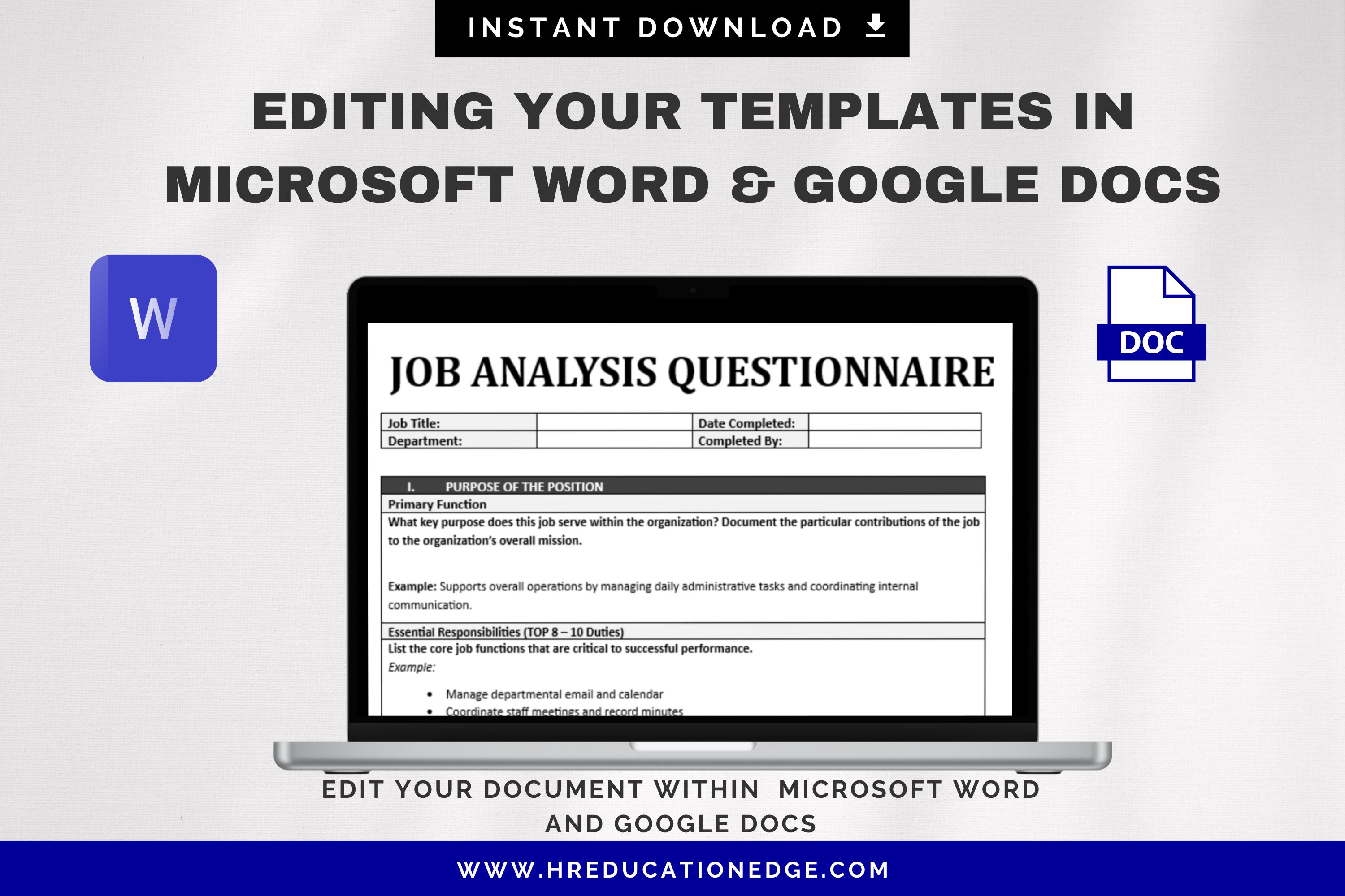 Job Analysis Questionnaire: HR Form, Job Duties Template (digital ...