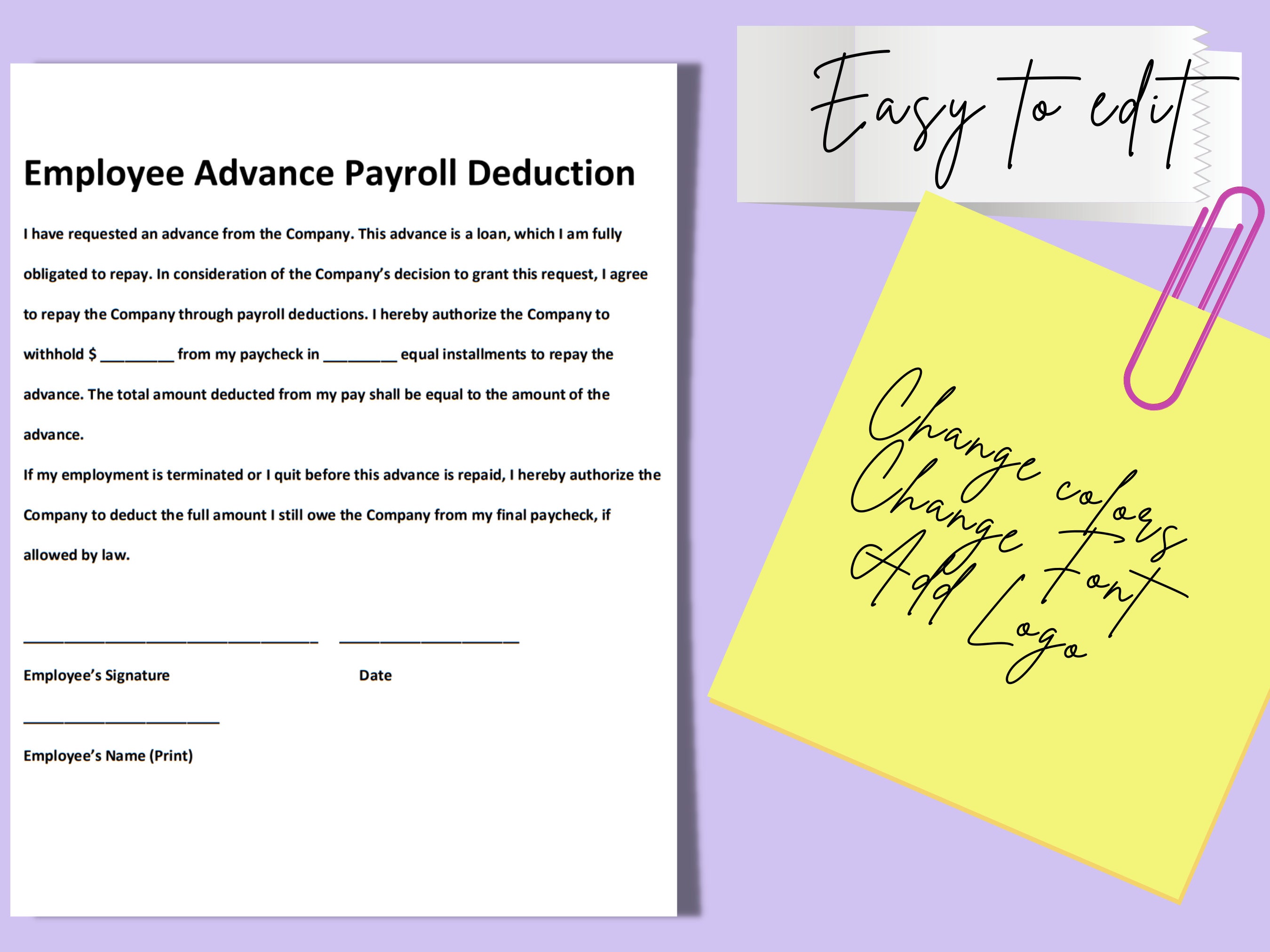 Employee Advance Payroll Deduction Form Editable Download Now Etsy