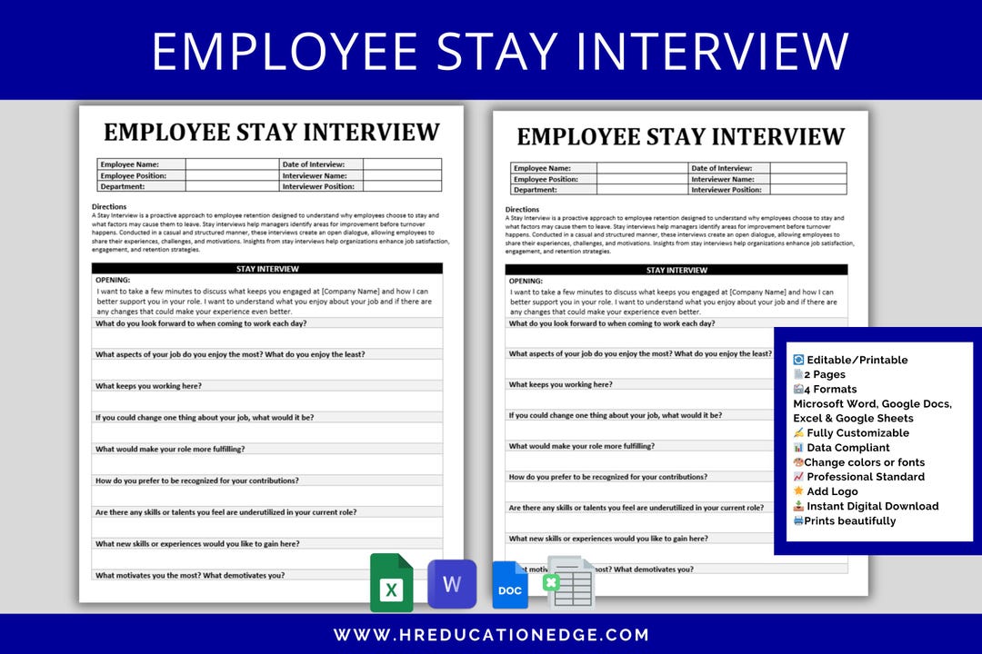 Employee Stay Interview Template: HR Staff Feedback Forms (digital ...