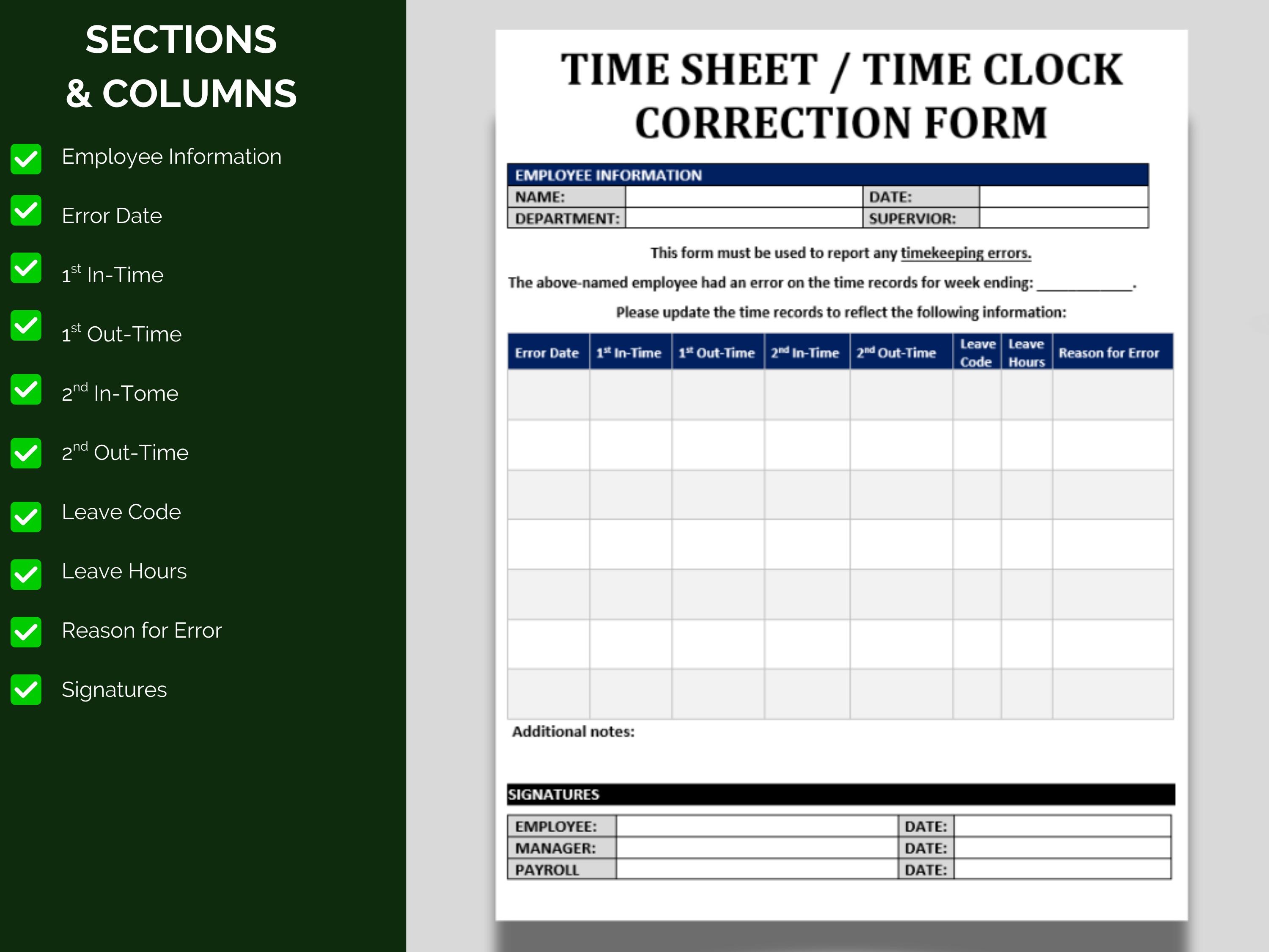 Time Clock Correction Form: Missed Punch Form, Employee Payroll ...
