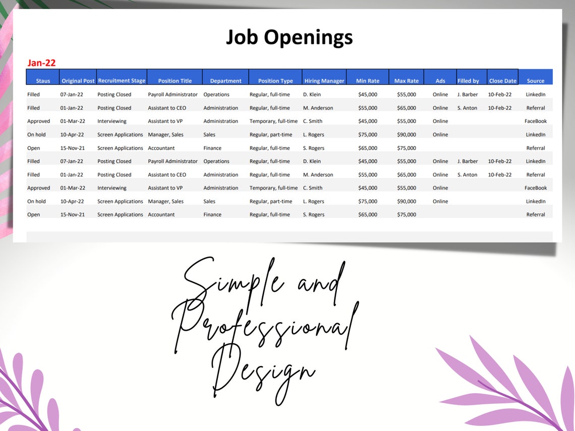 Job Openings Template MS Excel Editable Spreadsheet Human - Etsy