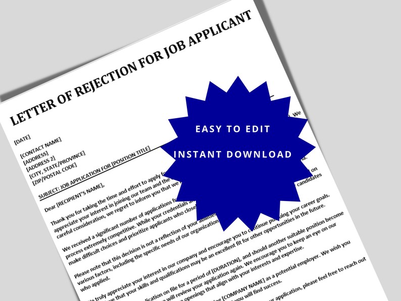 Letter of Rejection to Applicant: Applicant Email, Editable HR Template ...