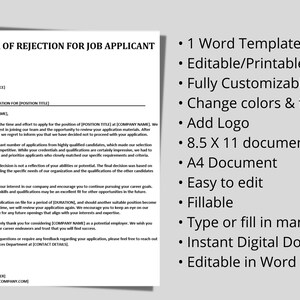 Letter of Rejection to Applicant: Applicant Email, Editable HR Template ...