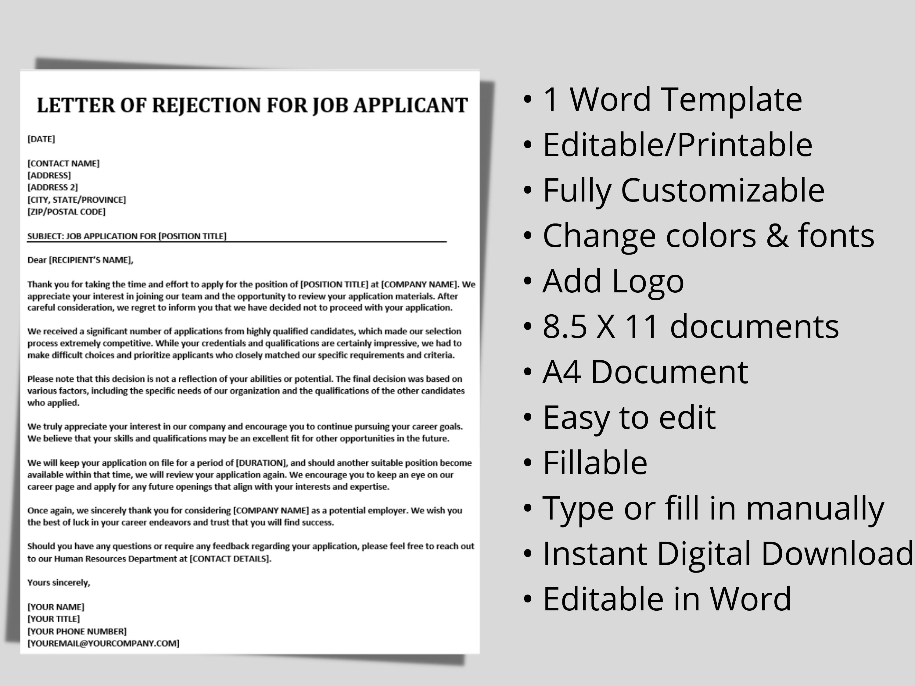 Letter of Rejection to Applicant: Applicant Email, Editable HR Template ...