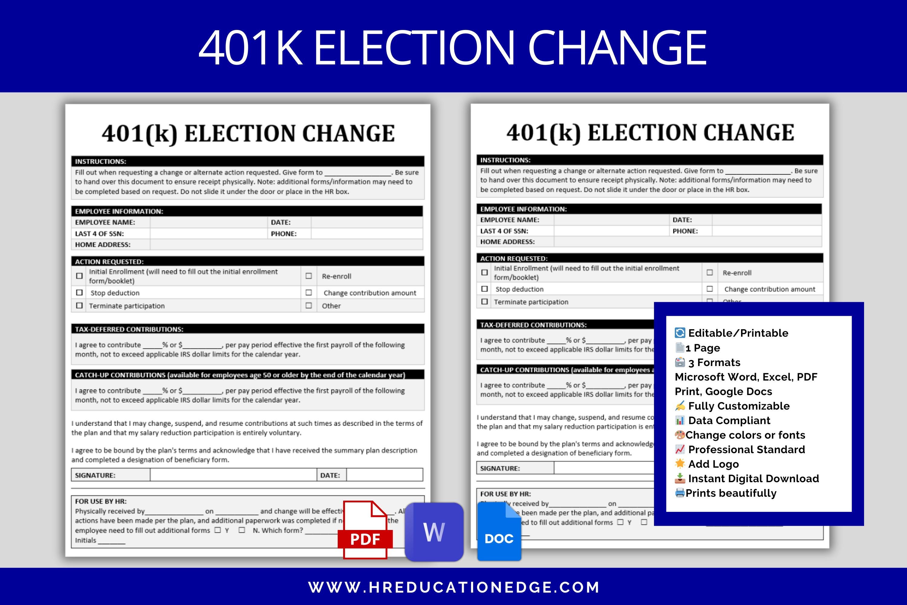 401k Plan Election Change Request Form: HR Template (digital Download ...