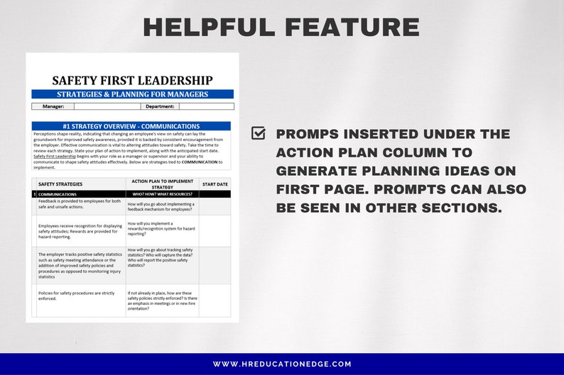 Safety First Leadership Worksheets: Manager Safety Strategies W/action ...