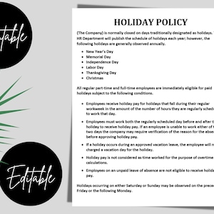 Holiday Policy Template Editable HR Form Human Resource Form Employee ...