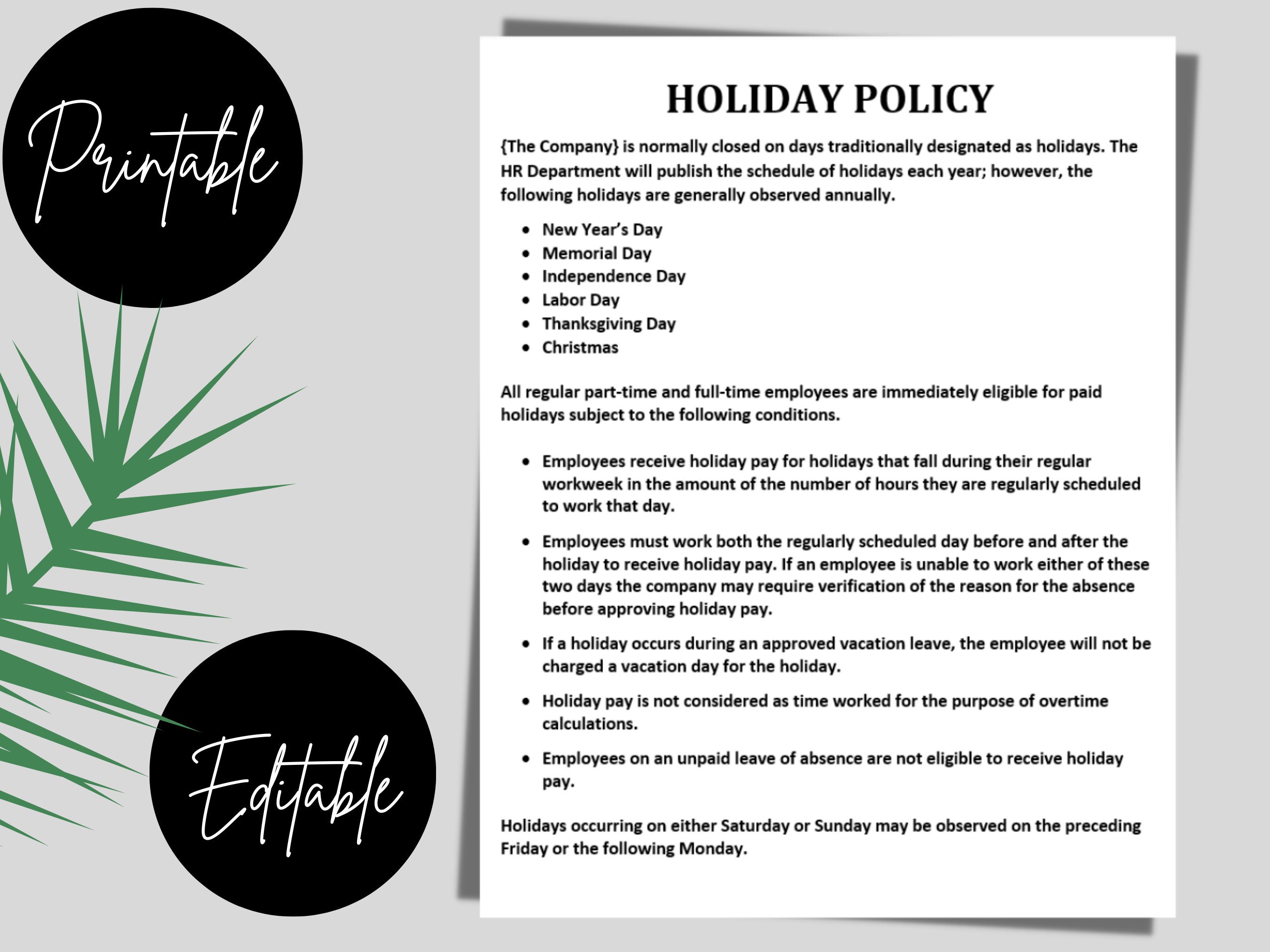 Holiday Policy Template Editable HR Form Human Resource Form Employee ...
