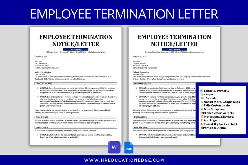 Employee Termination Letter Template: HR Offboarding (digital Download ...