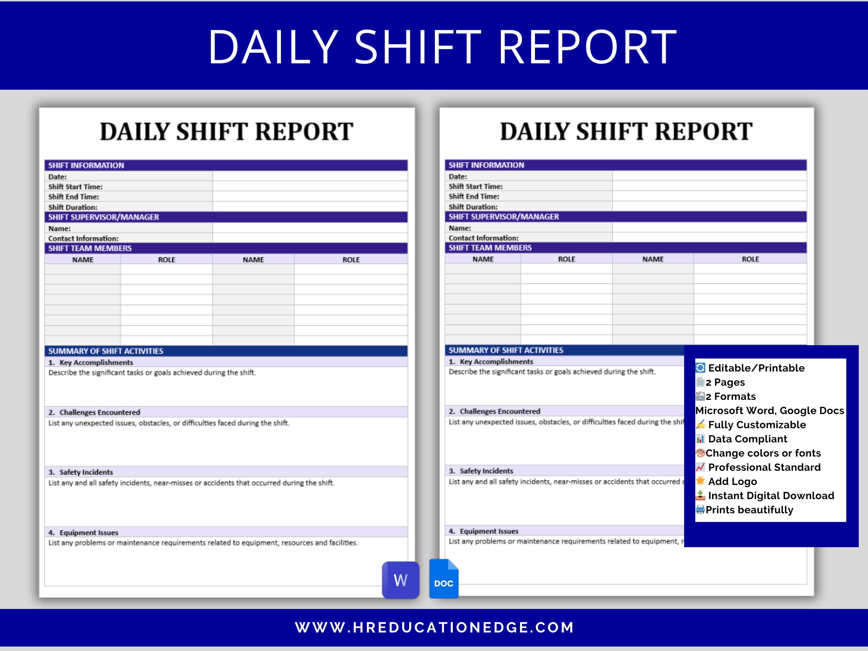 Daily Shift Report Template | End of Shift Change or Handover, Incident ...