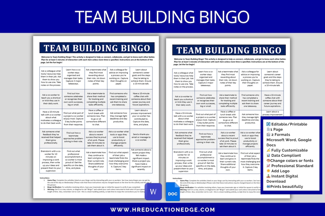 Team Building Bingo: Employee Engagement HR Template (digital Download ...