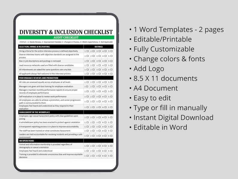 Diversity and Inclusion Checklist: HR Audit Template (digital Download ...