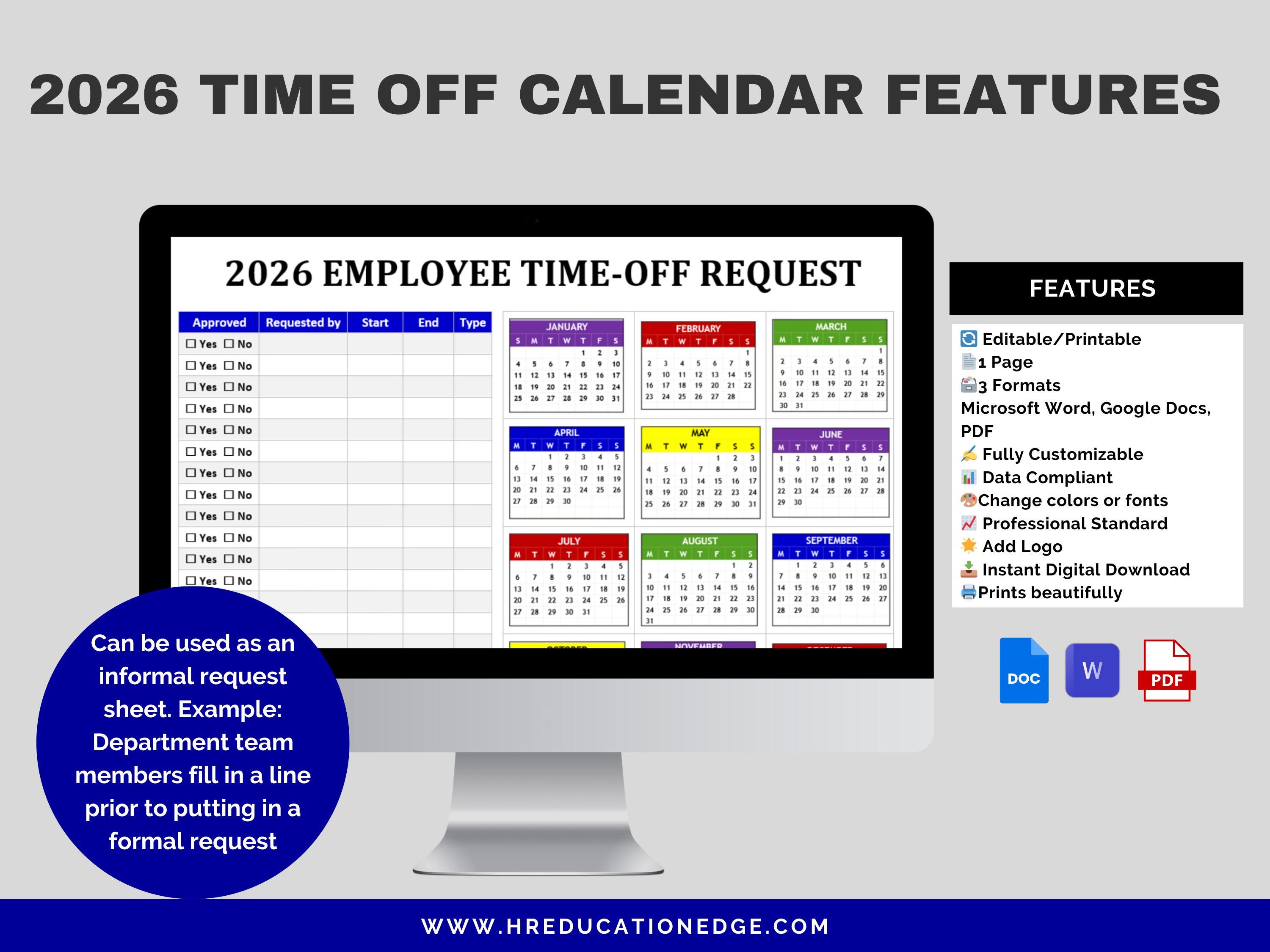 2026 Employee Time off Calendar: HR Leave Planner (digital Download ...