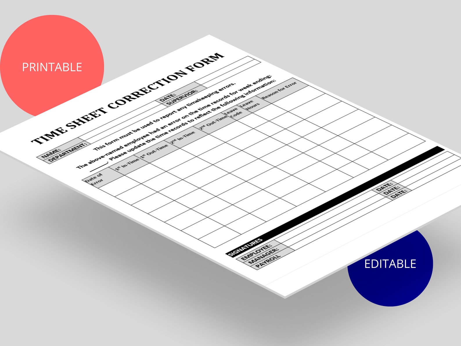 Time Sheet Correction Form: Employee Time Sheet Correction Missed Punch ...