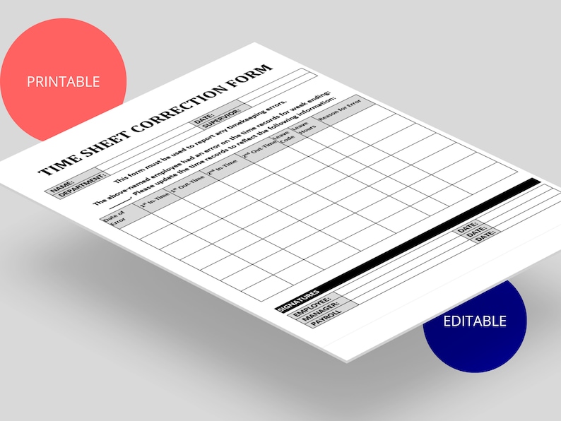 Employee Time Sheet Correction Form: Missed Punch, Time Adjustment ...