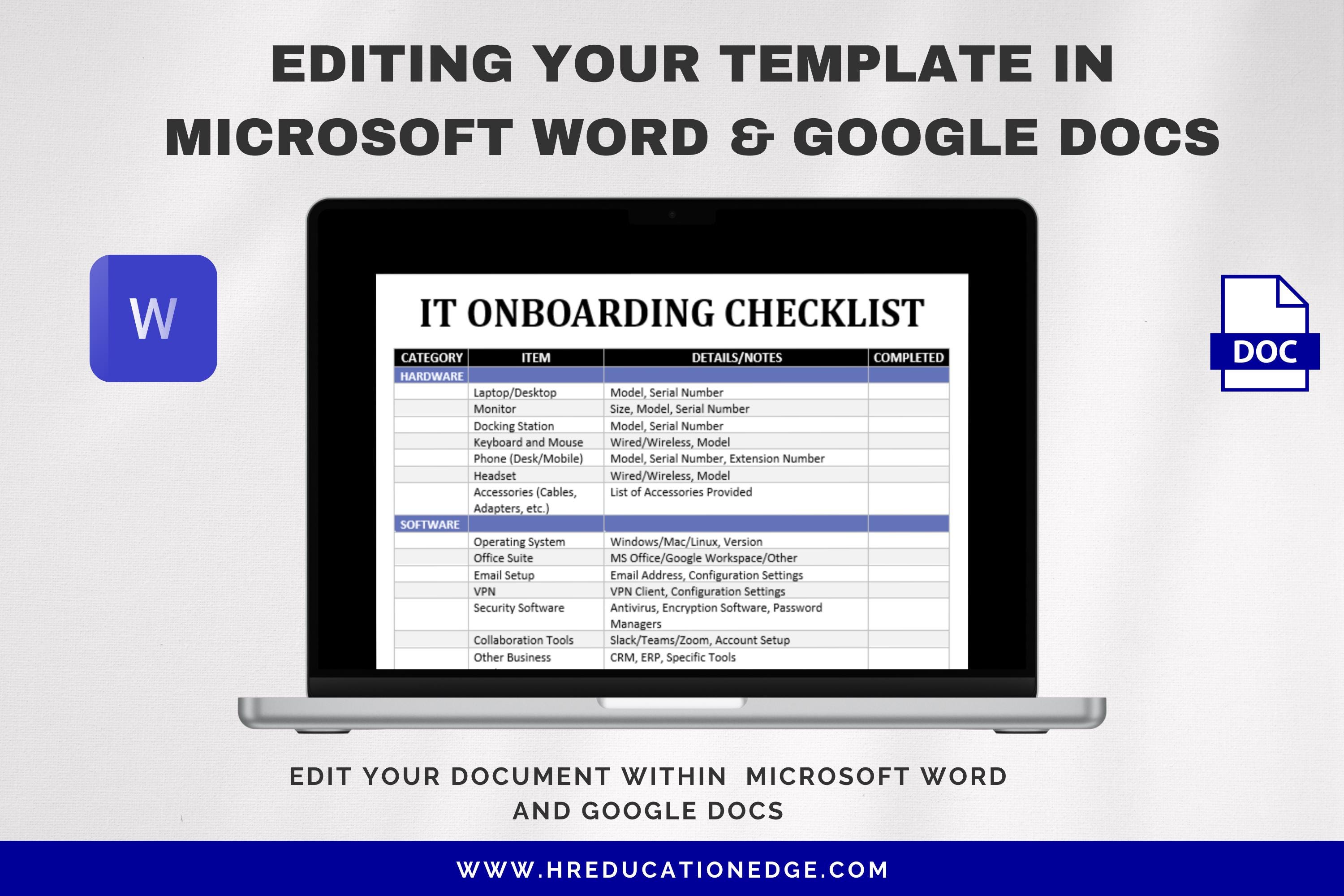 IT Onboarding Checklist: HR Template (excel, Word, Google Docs) (digital Download) - Etsy