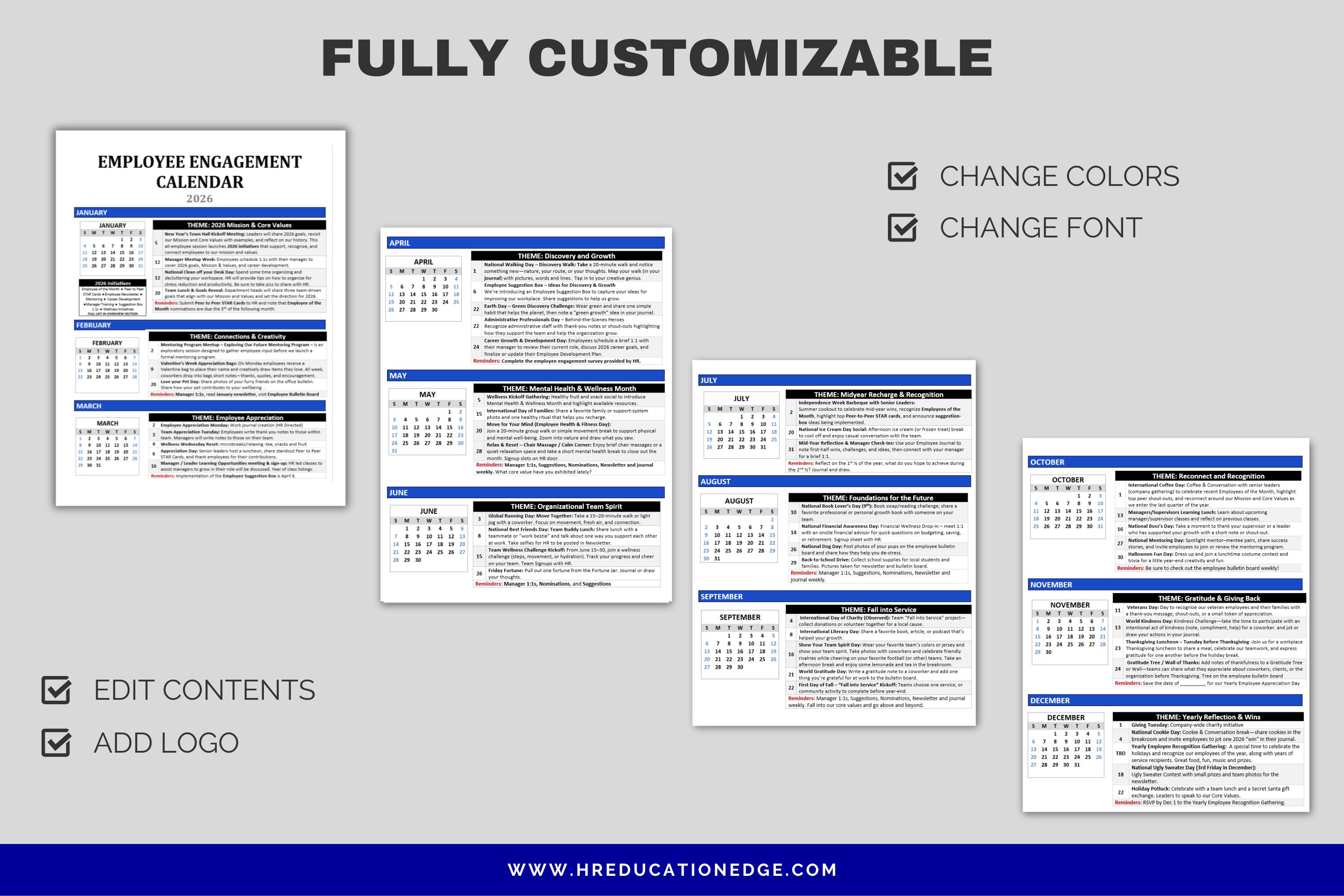 2026 Employee Engagement Calendar: HR Staff Recognition Template ...