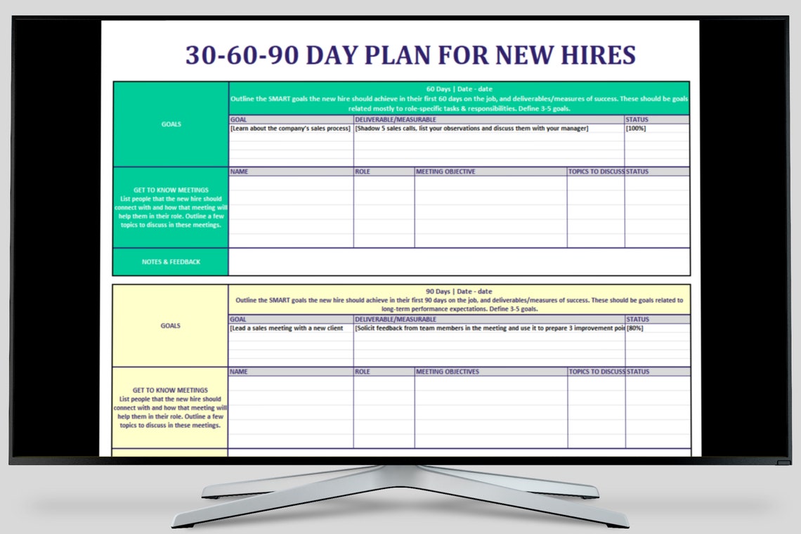 30-60-90-day Plan: New Hire Plan HR Excel Spreadsheet, Employee Goals ...
