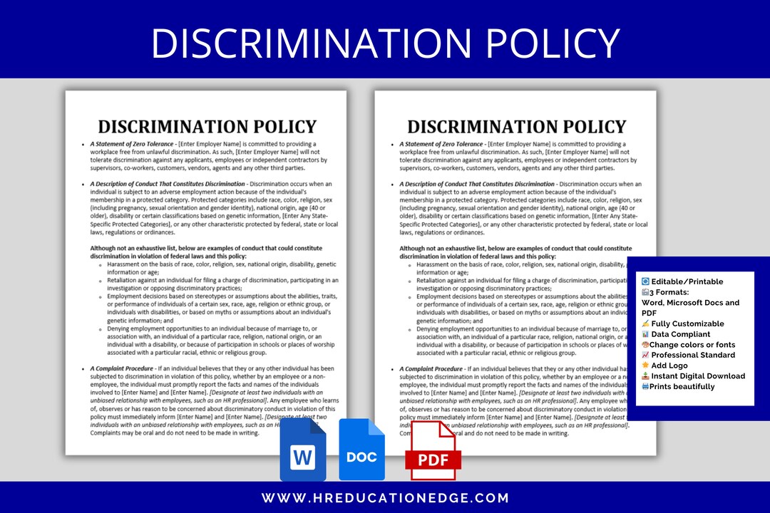 Discrimination Policy Template: Editable HR Forms (digital Download) - Etsy