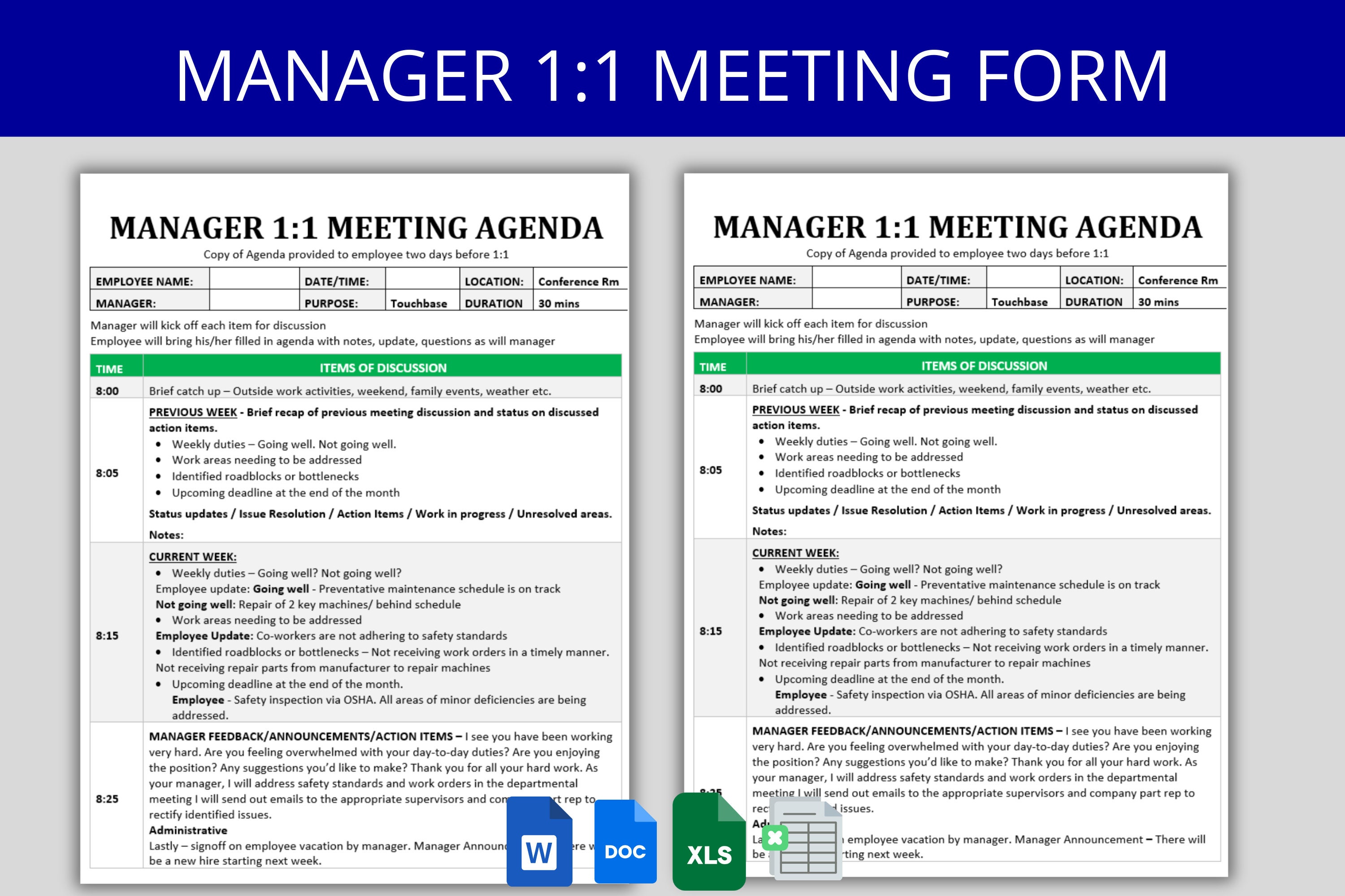 Manager One-on-one Meeting Agenda Template: HR Forms, Human Resource ...