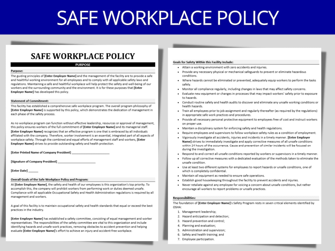 OSHA Compliance: Safe Workplace Policy Template (digital Download) - Etsy