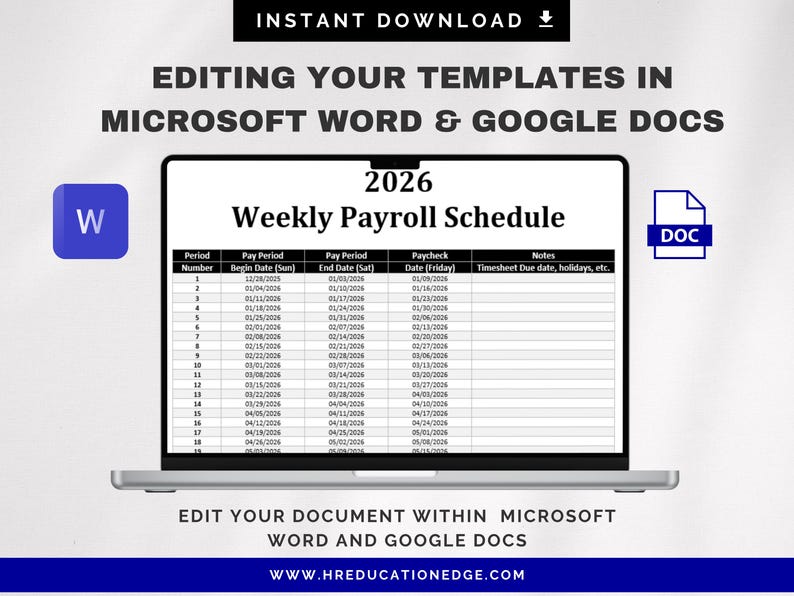 2026 Weekly Payroll Calendar| HR Template: Editable Pay Schedule ...