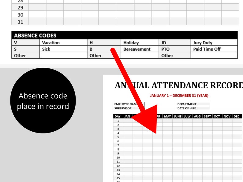 Employee Attendance Annual Record Absence Tracker Yearly Absences ...