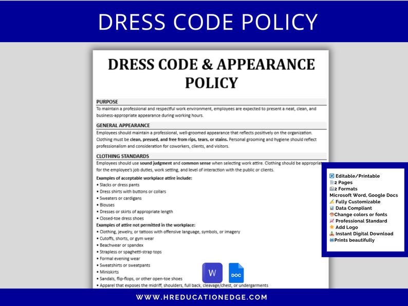 Dress Code & Appearance Policy Template: Employee Handbook (digital ...
