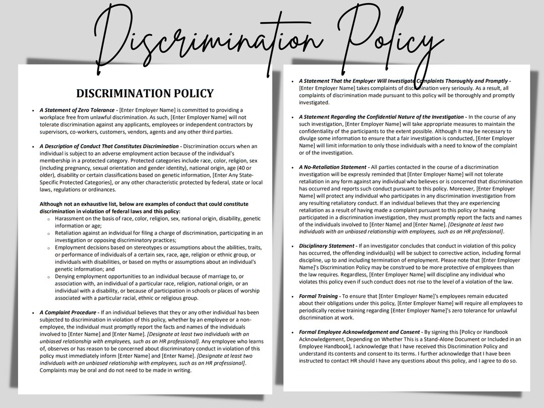 Discrimination Policy Template Editable Word Form Human Resources HR ...