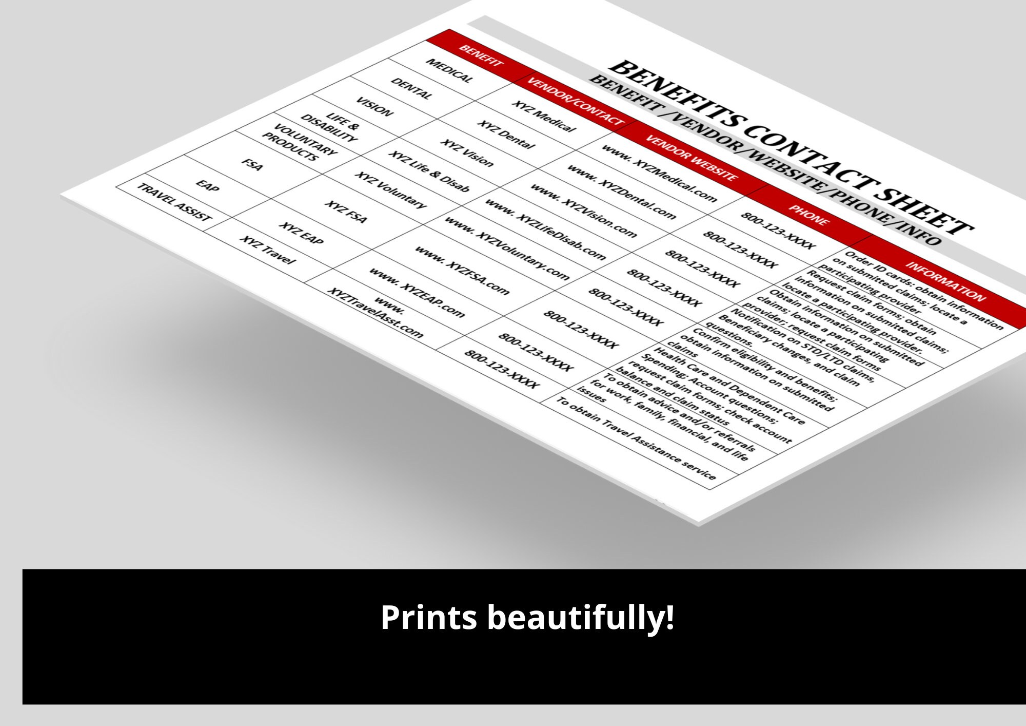 Benefits Contact Sheet Employee HR Templates HR Forms and Documents ...