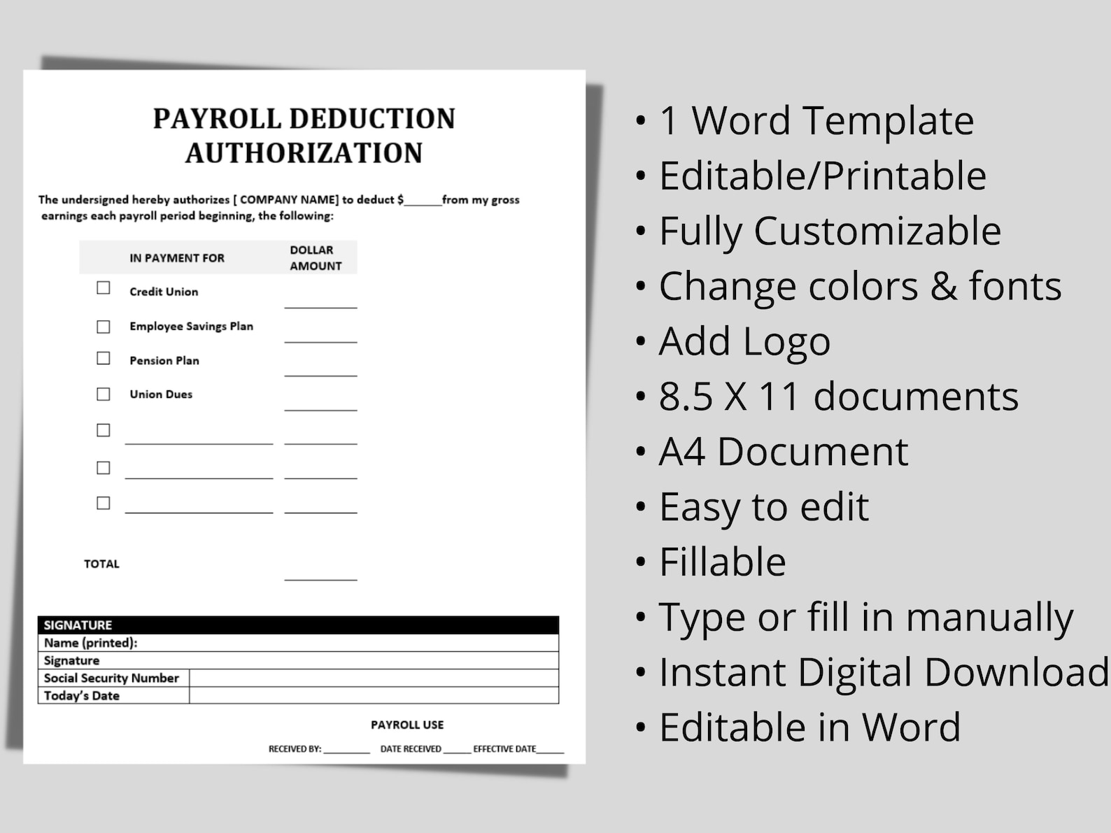 Payroll Deduction Authorization Form | Editable MS Word Template - Etsy