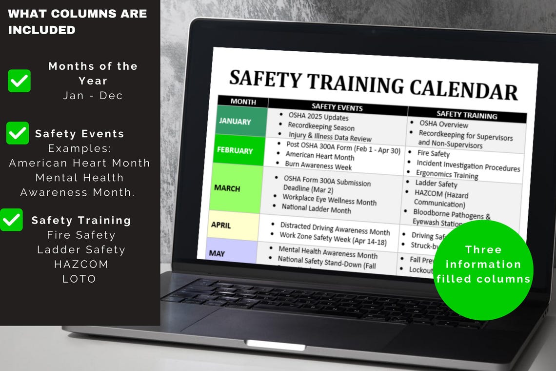 Workplace Safety Training Calendar: OSHA Compliance (digital Download ...