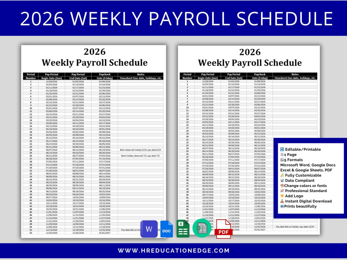 2026 Weekly Payroll Calendar| HR Template: Editable Pay Schedule ...