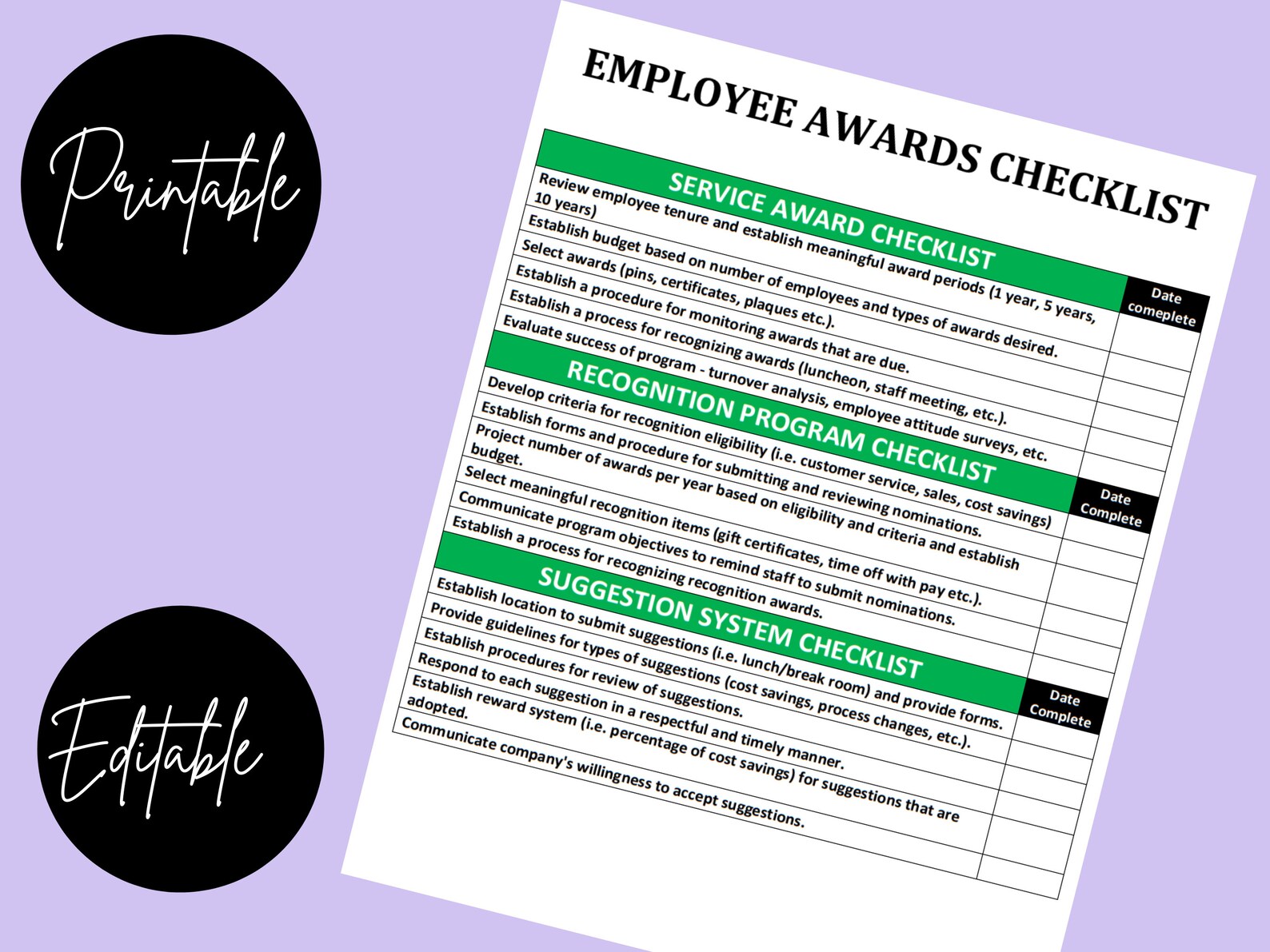 Employee Awards Recognition Program Checklist | Human Resource Form ...