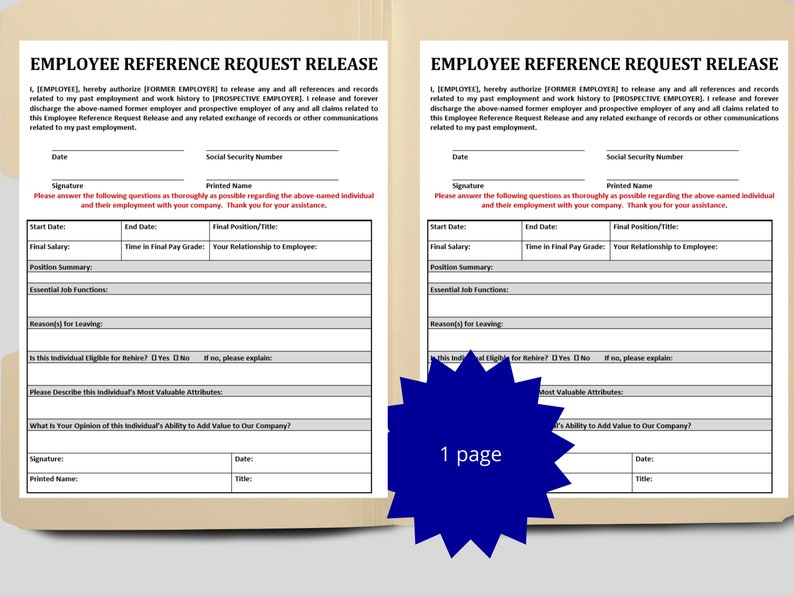 Employee Reference Request Release HR Template MS Word Editable Form - Etsy