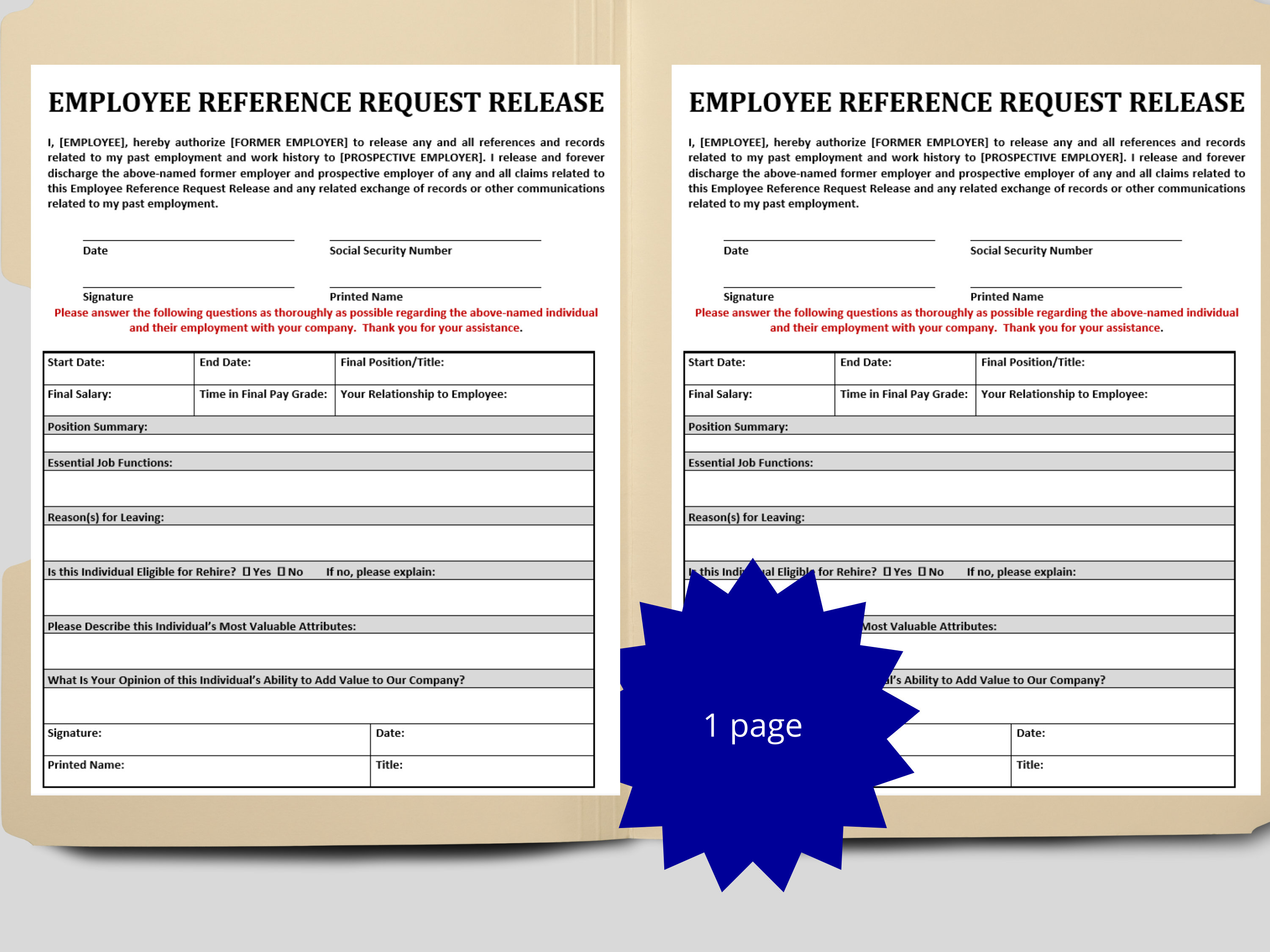 Employee Reference Request Release HR Template MS Word Editable Form - Etsy