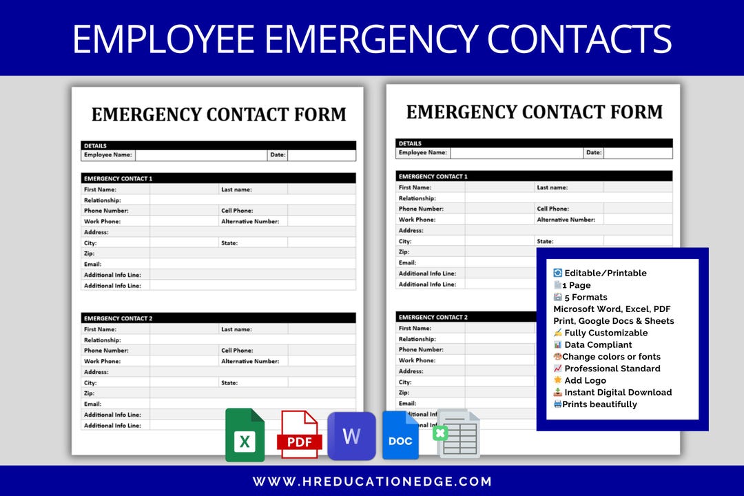 Employee Emergency Contact Form | Word, PDF Google Docs, Excel Sheets ...