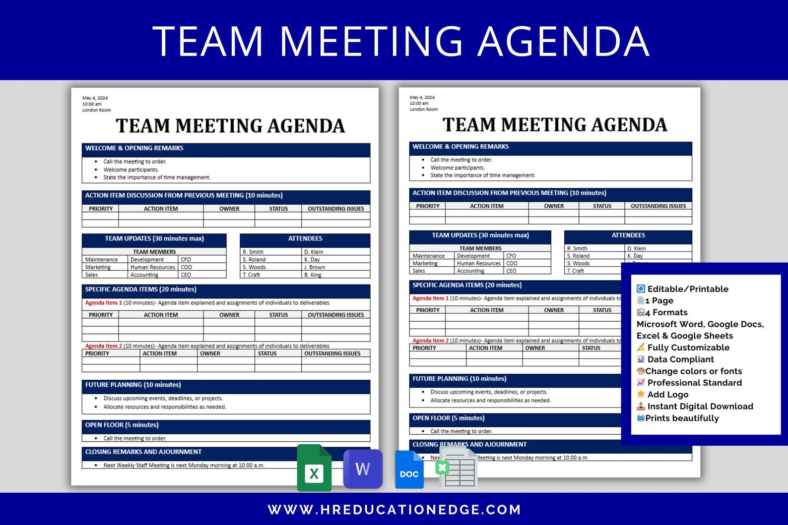 Team Meeting Agenda Template: Editable Business Meeting Planner ...