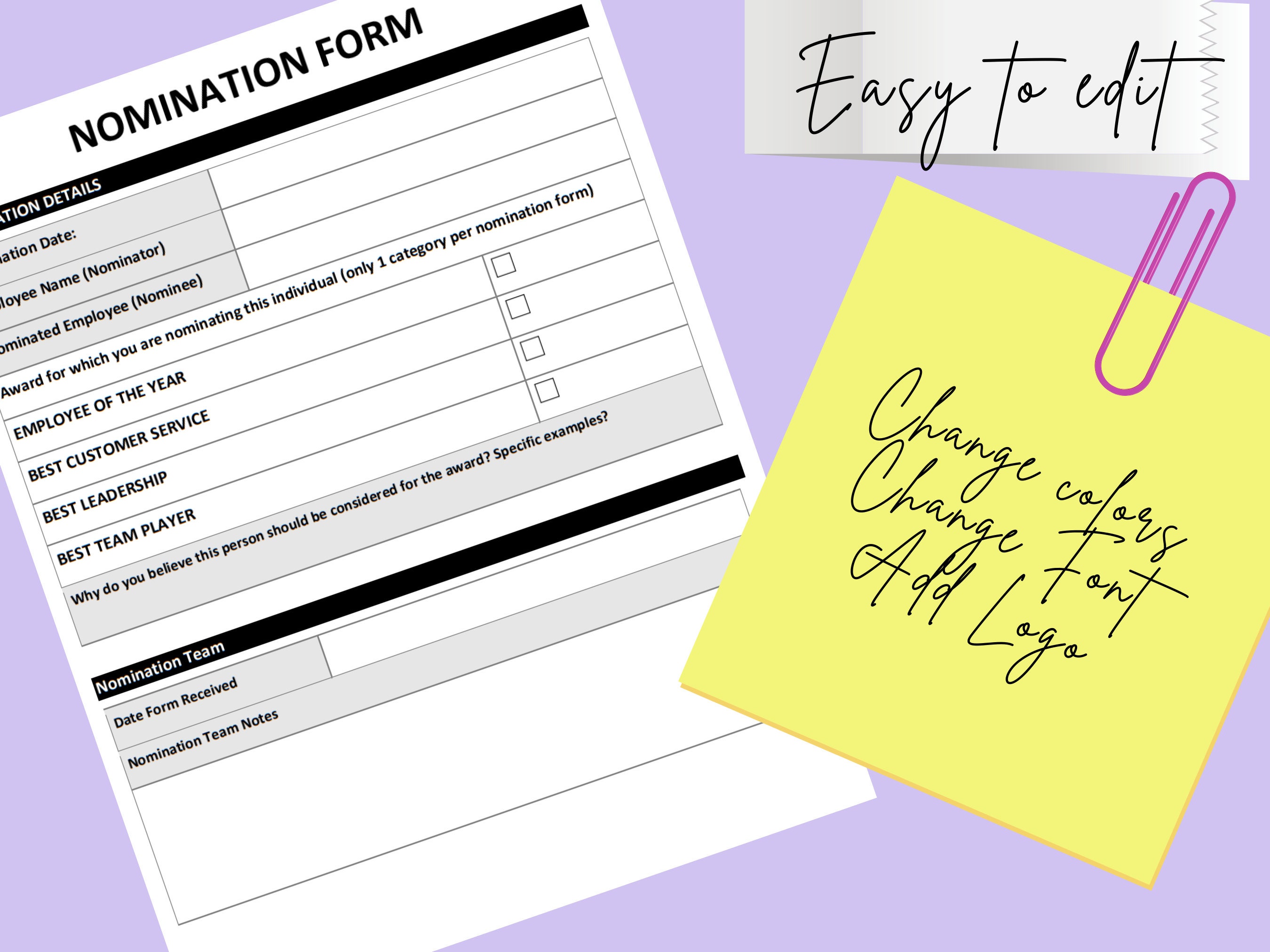 Employee Recognition Award Nomination Template Word Editable - Etsy UK