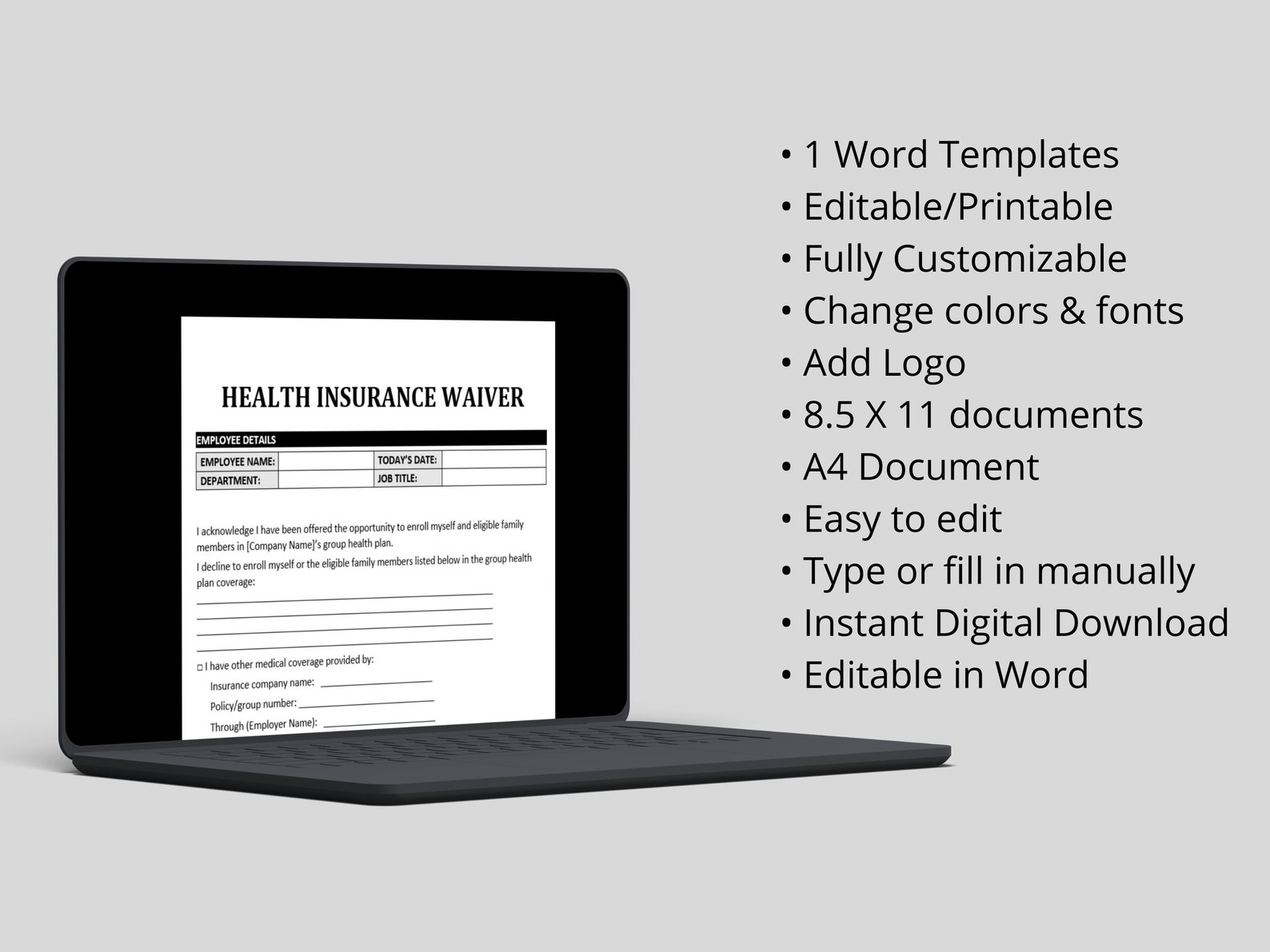 Health Insurance Waiver | Opt-out Form | MS Editable Word Document | HR ...