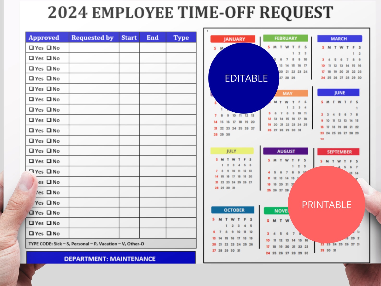2024 Calendar Employee Time-off Request Planner: PTO & Vacation, Leave ...
