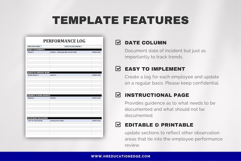 Manager Performance Log: Employee Review HR Template (digital Download ...