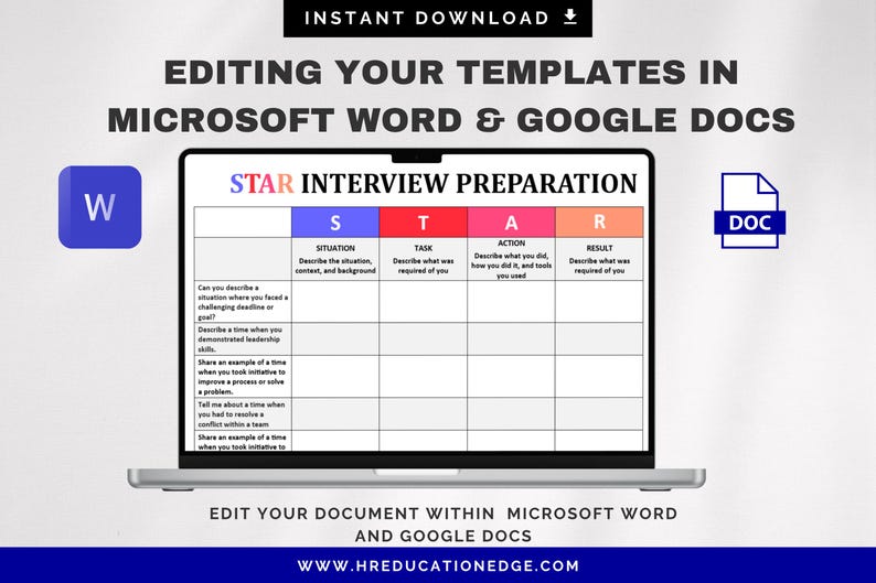 STAR Method Interview Worksheet: Job Interview Prep (word, Excel ...