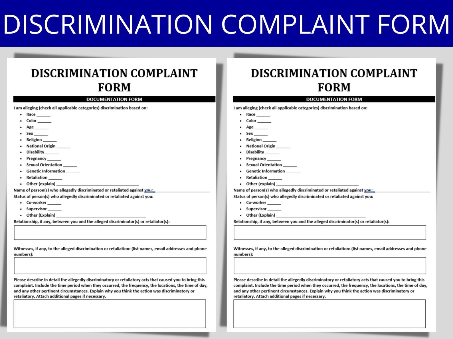 Discrimination Complaint Form & Employee Retaliation Document | HR ...