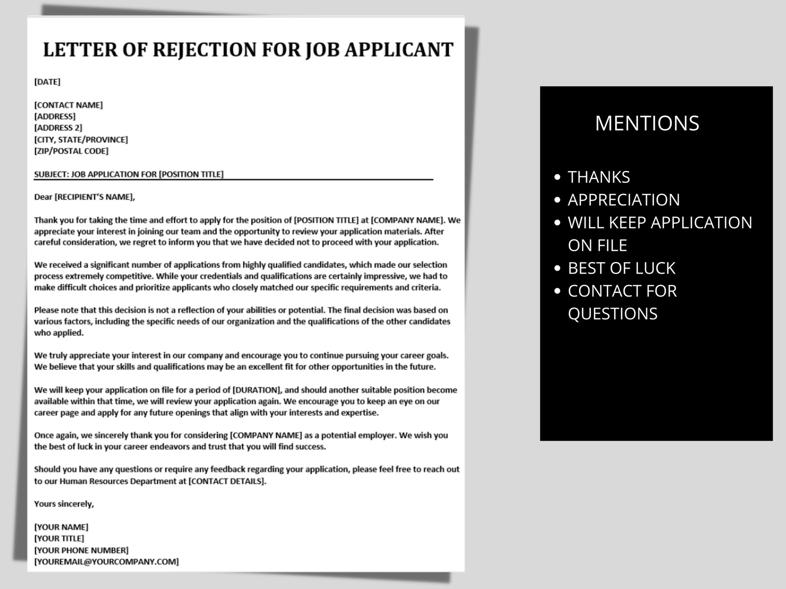 Letter of Rejection to Applicant: Applicant Email, Editable HR Template ...