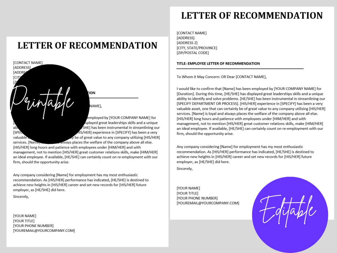 Editable HR Letter of Recommendation Template for Employment - Etsy